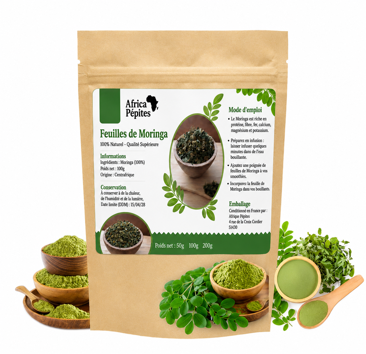 50g-200g Poudre de Moringa 100% Pure Naturelle, Colorant Vert pour Sav ...